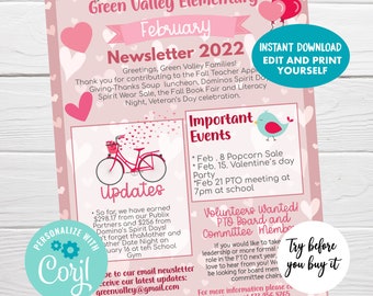 EDITABLE School Pto Pta Valentine Newsletter February - Etsy