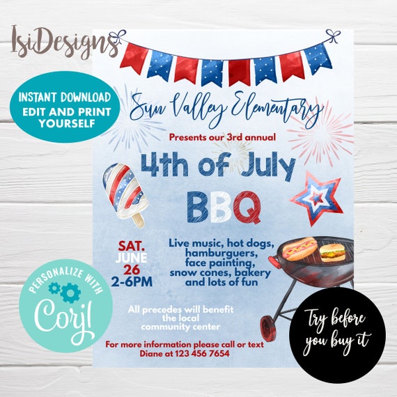 4th July BBQ Fundraiser Flyer, PTO / PTA Fundraiser Event, Instant ...
