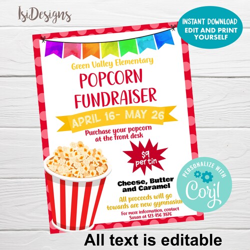 Popcorn Fundraiser Flyer Printable School PTO PTA Community - Etsy