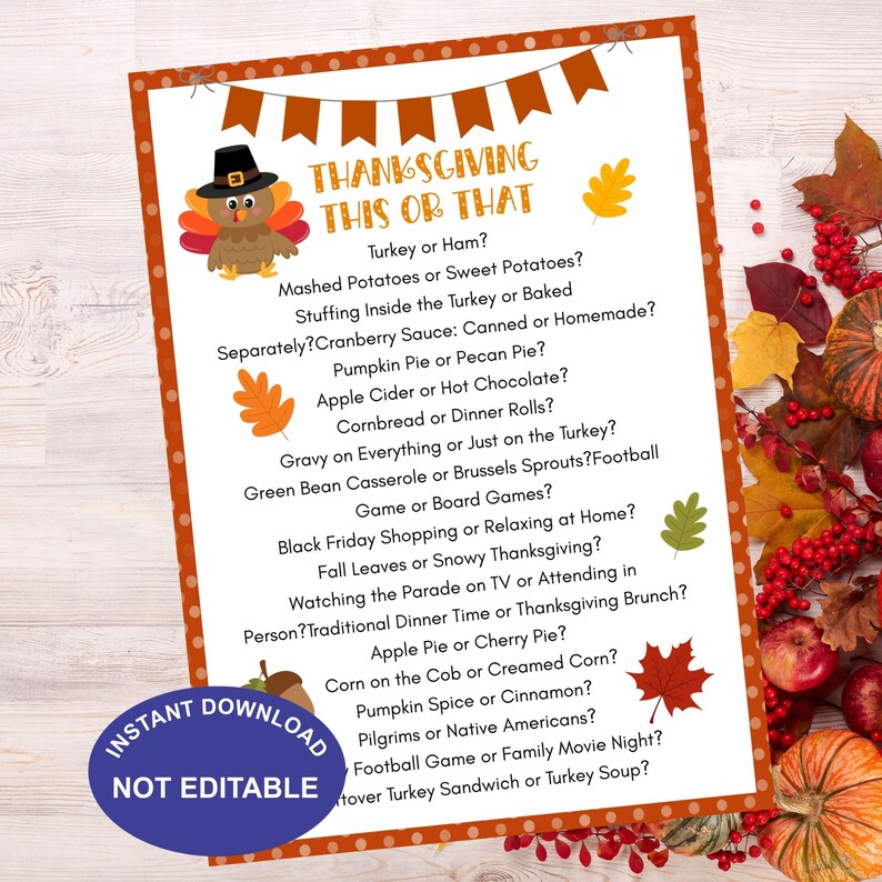 Thanksgiving This or Thant Game, Thanksgiving Printable Game, Instant ...