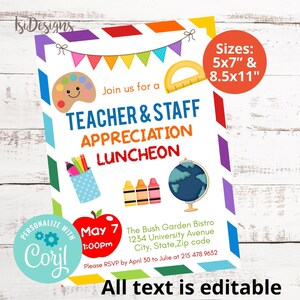 Editable Teacher Appreciation Staff Luncheon Invitation, PTA PTO School ...