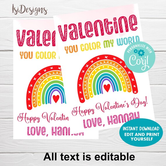 Rainbow Valentine's Day Gift Tag, Valentine You Color My World ...