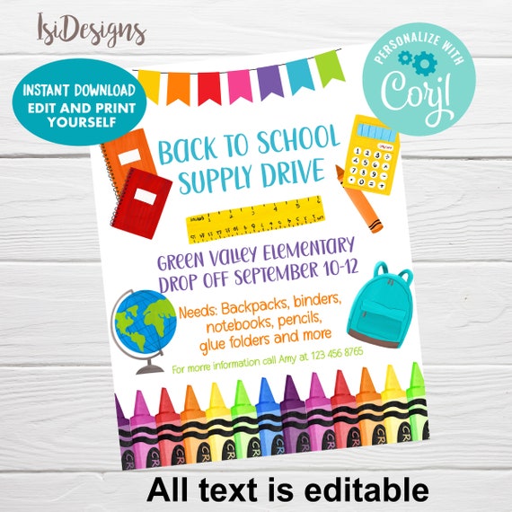 School Supply Drive Flyer, Editable PTA/PTO Back to School Fundraiser ...