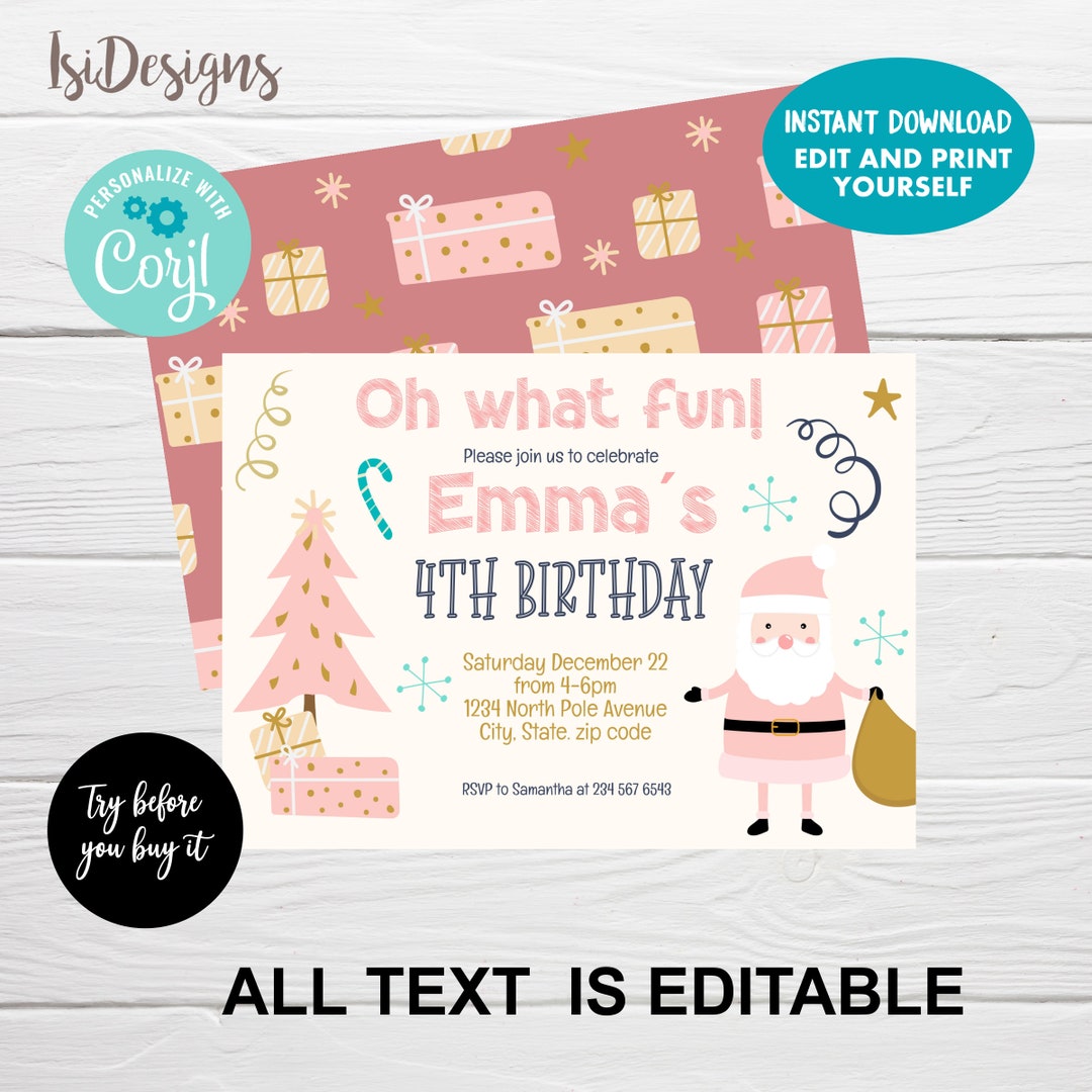 Santa Birthday Invitation, Instant Downloads, Pink and Gold Christmas ...