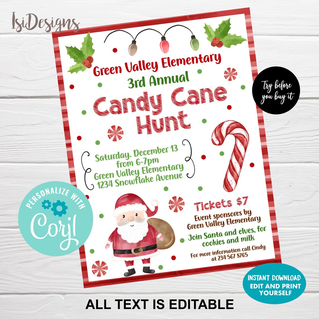 Candy Cane Hunt Flyer, Instant Download, Editable Christmas Candy Cane ...