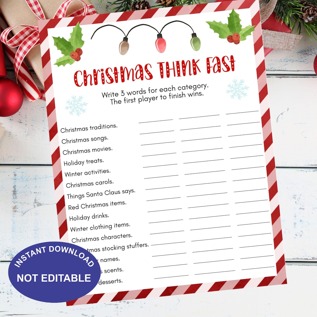 Think Fast Printable Christmas Game Fun Holiday Party Activity Family ...