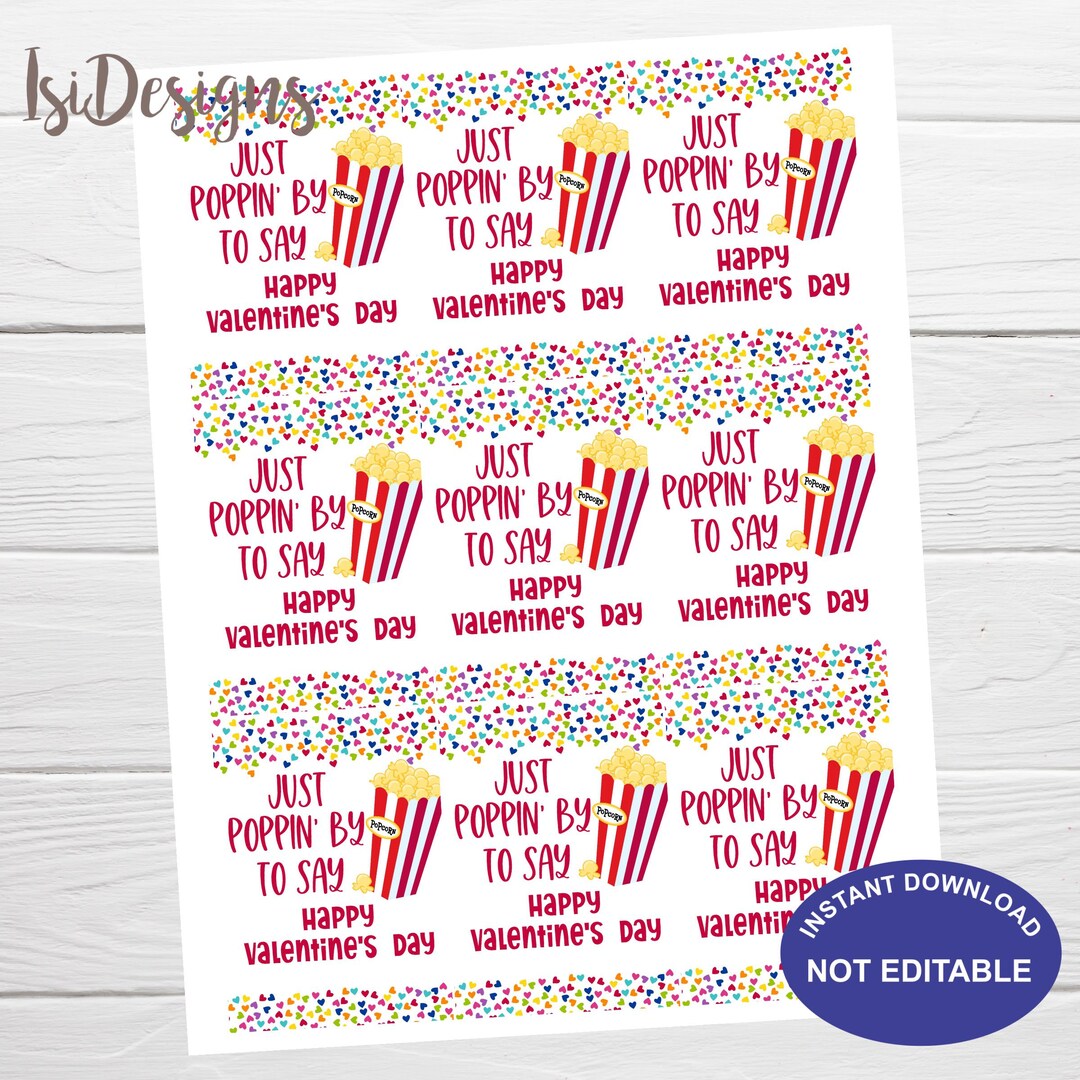 Valentine's Day Printable Tags, Popcorn Valentine Gift Label, Instant ...
