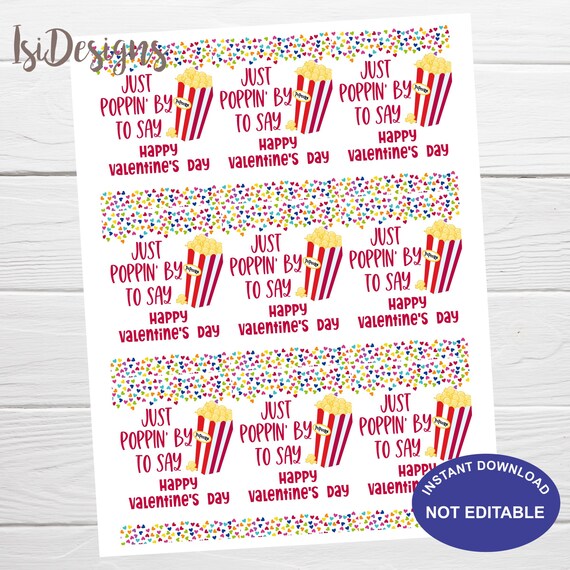 Valentine's Day Printable Tags, Popcorn Valentine Gift Label, Instant ...