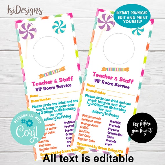 VIP Room Service Editable Door Hanger, Instant Download, Teacher and ...