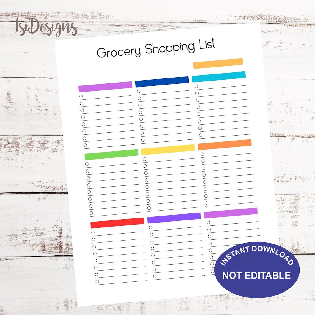 Printable Grocery Shopping List, Instant Download, Fillable PDF Meal ...