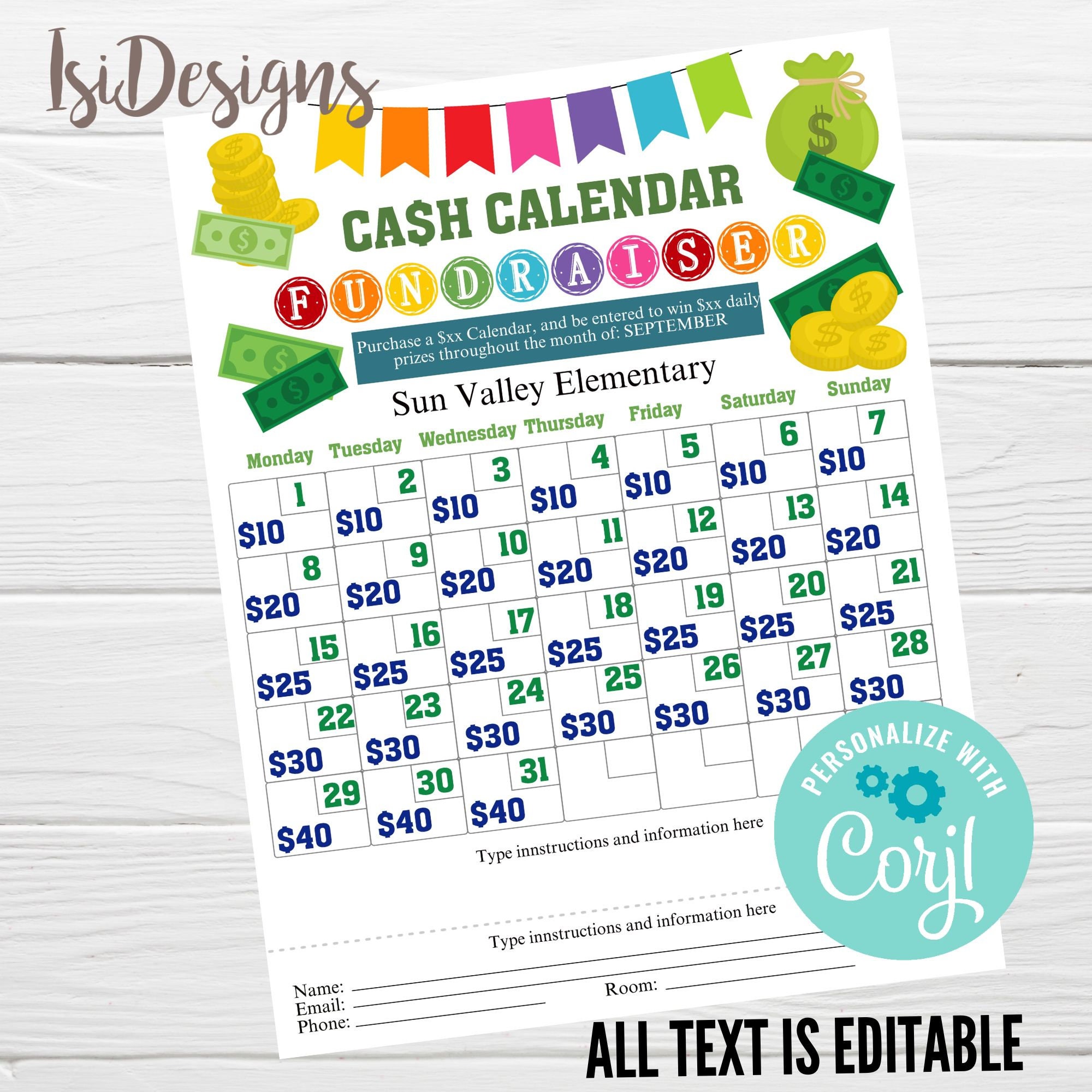 Editable Cash Calendar Fundraiser Flyer, Printable Fundraiser Form ...