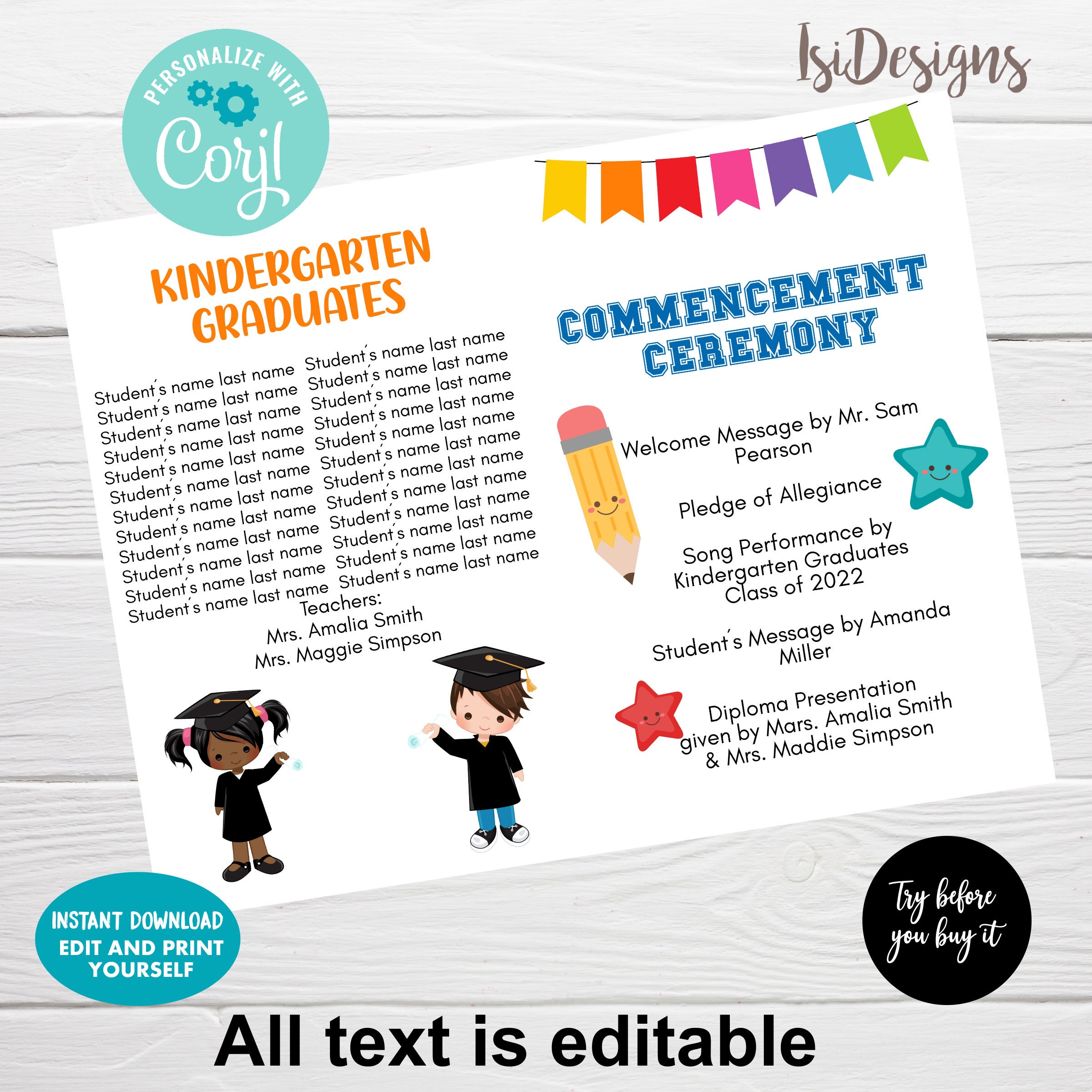 Editable Kindergarten Graduation Ceremony Program, Preschool Graduation ...