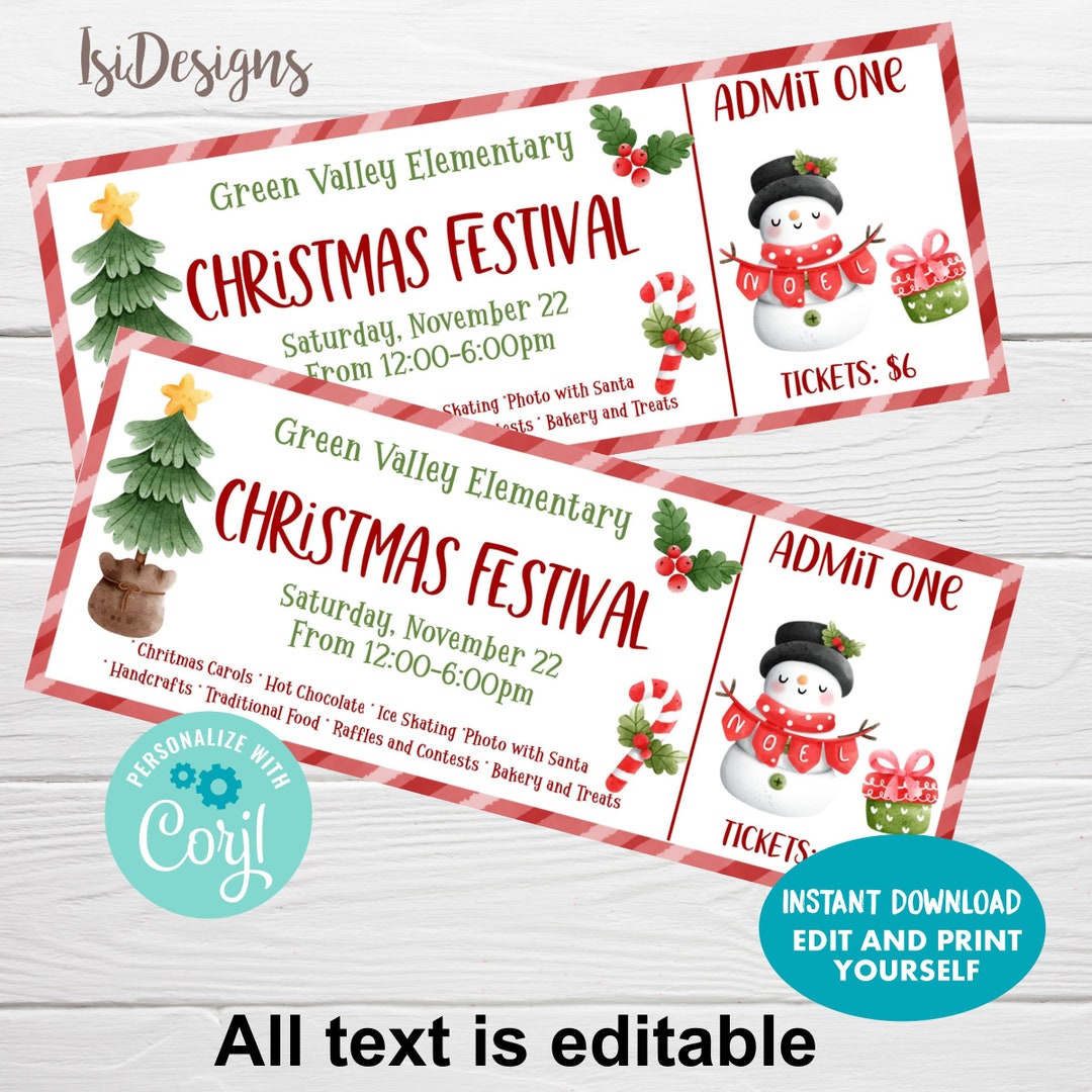 Christmas Festival Editable Ticket, Instant Download, Holiday ...