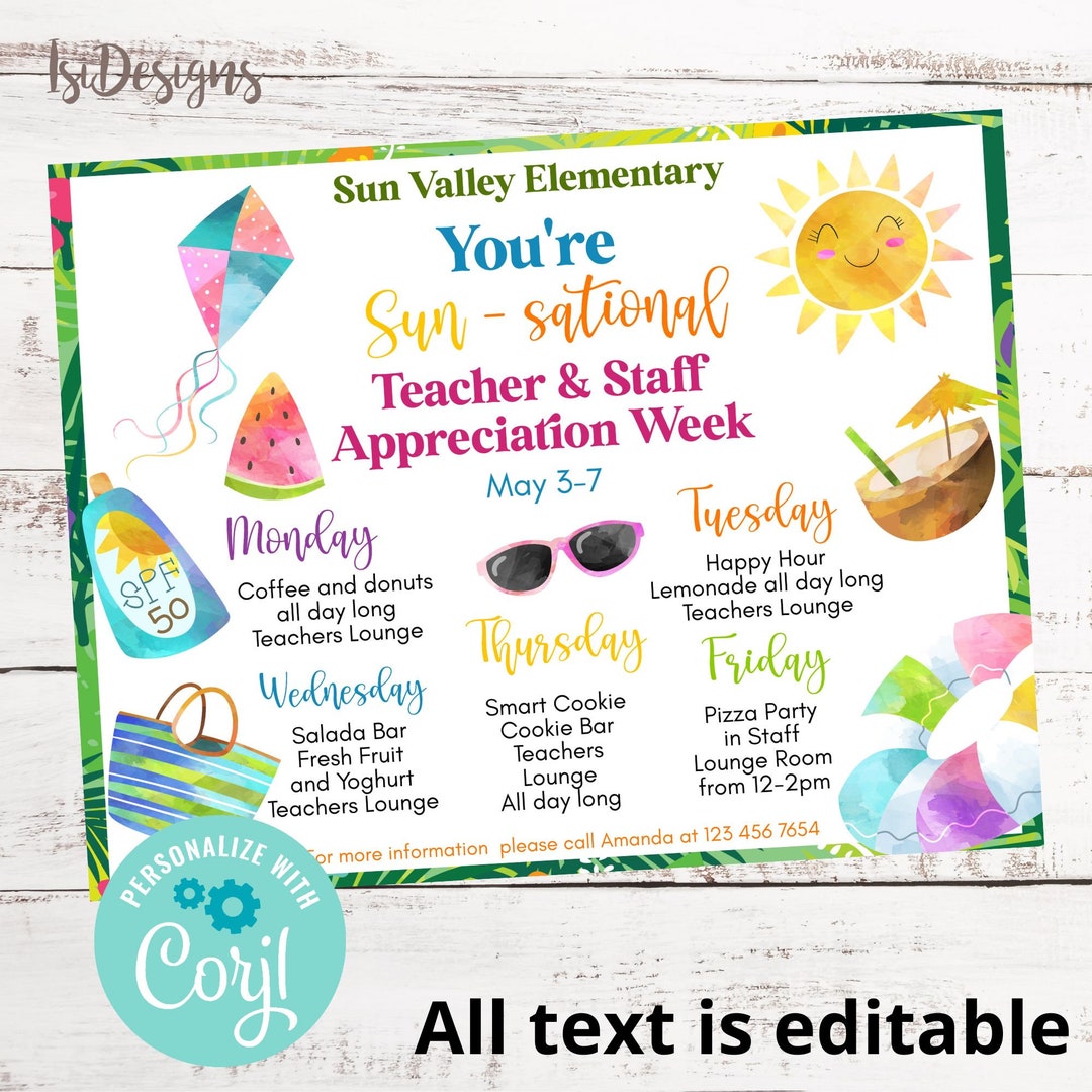 You Are Sun-sational Appreciation Week Itinerary, Editable Beach Themed ...