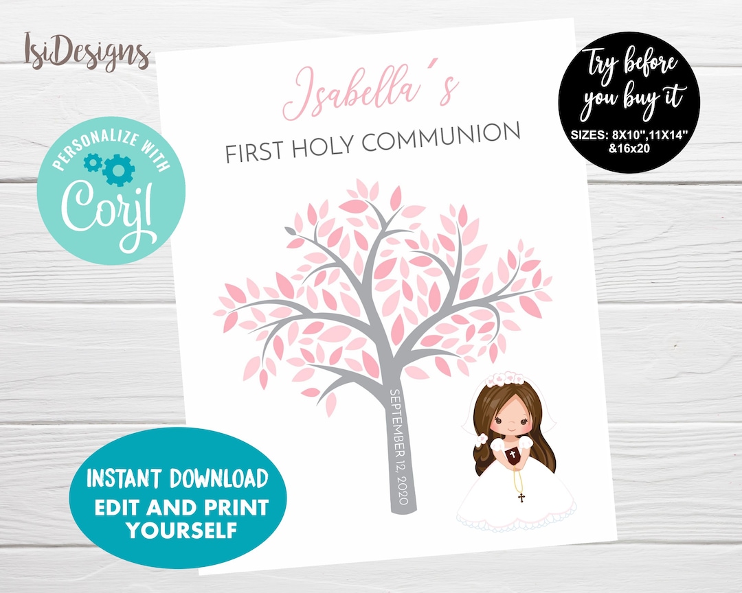 Editable First Communion Guest Book Sign-in Tree, Pink Guest Book ...