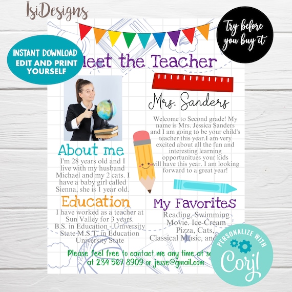 Meet the Teacher Editable Template, Instant Download, Back to School ...