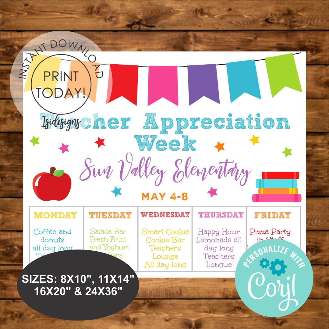 Teacher Appreciation Week, Instant Download, Editable Itinerary Poster ...