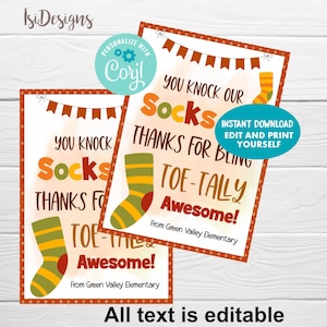 Fall Sock Appreciation Gift Tags Editable Thanksgiving Sock Tag ...