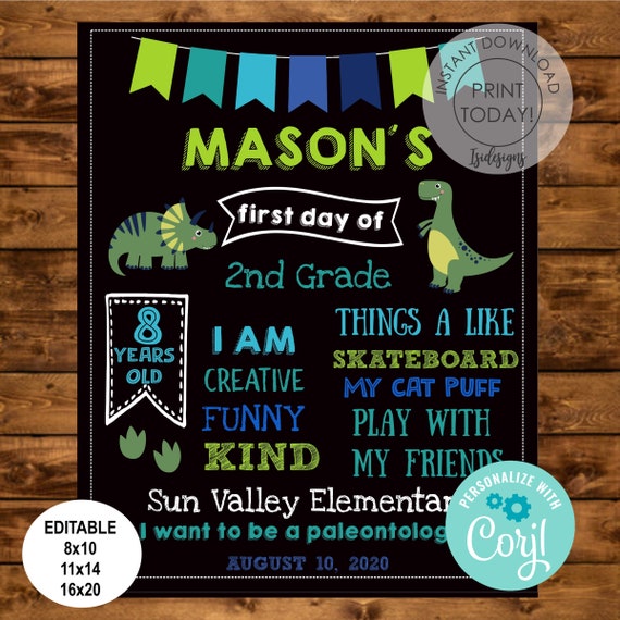 Dinosaurs Editable First Day of School Chalkboard Sign, First Day Sign ...