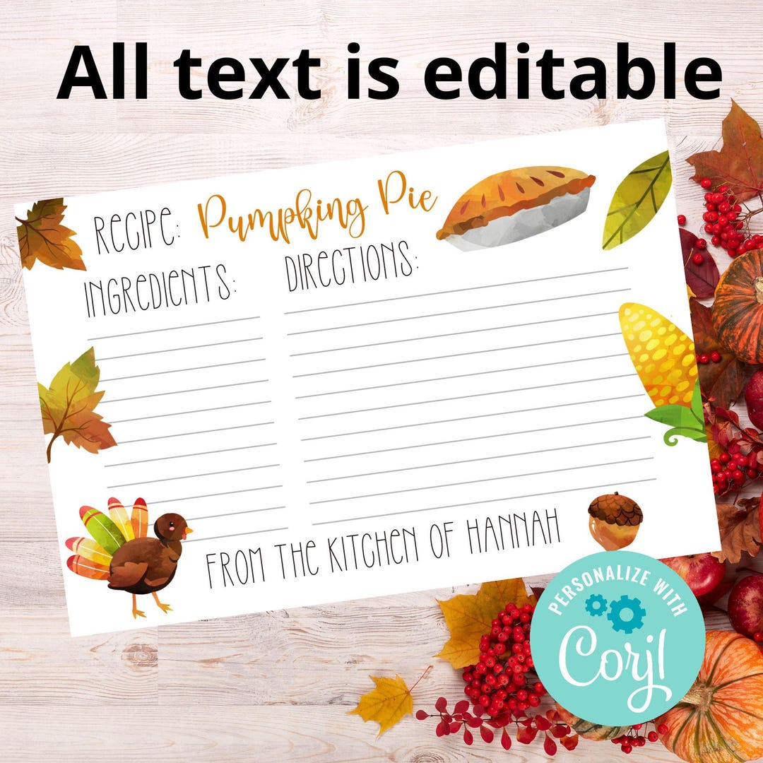 Thanksgiving Recipe Card Template, Personalized Recipe 6x4 Card, Autumn ...