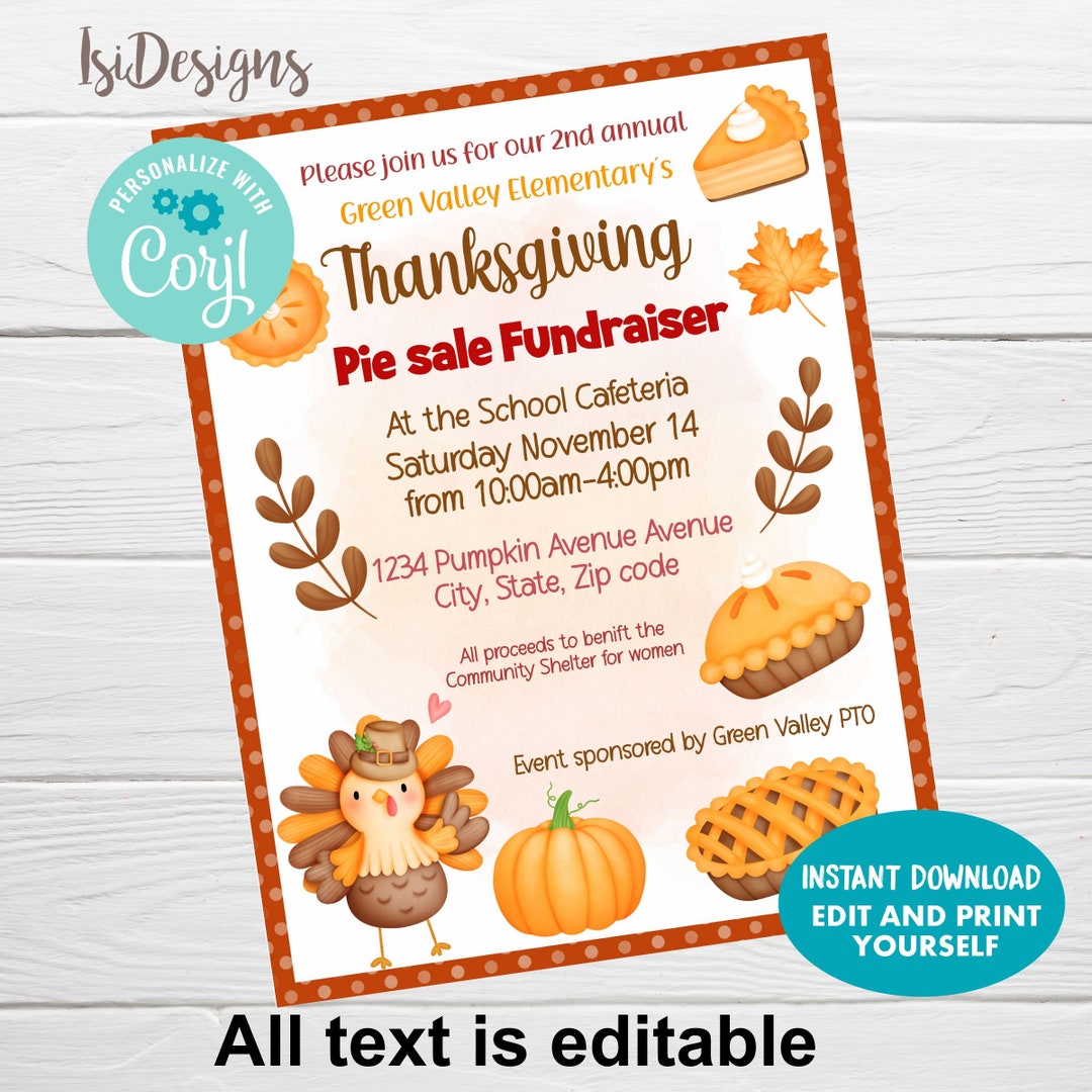 Thanksgiving Pie Fundraiser Flyer, Editable Fall Pie Invitation ...