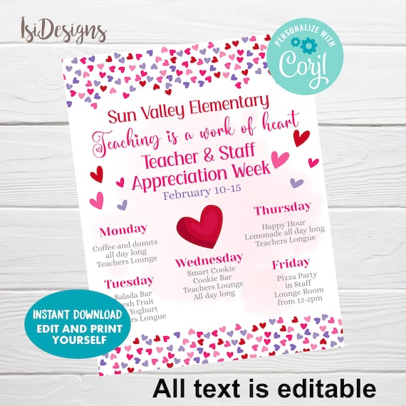 Valentine's Day Teacher Appreciation Week Invitation, Editable School ...