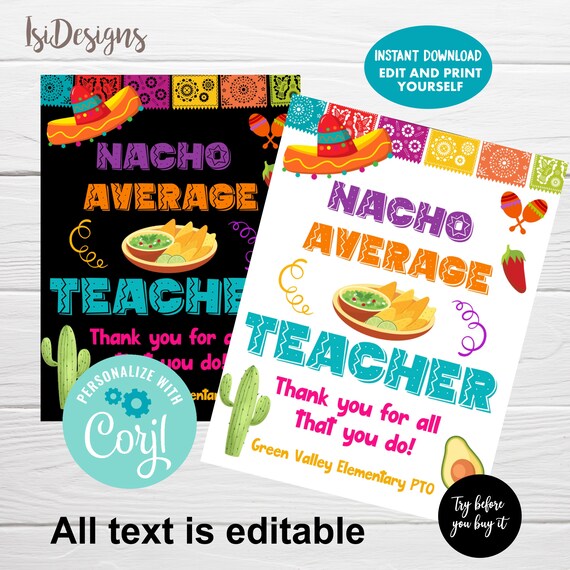 Nacho Average Teacher Tags, Teacher Appreciation Editable Gift Tags ...