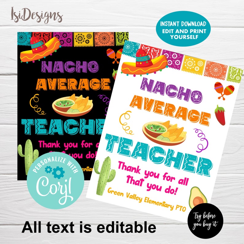 Nacho Average Teacher Tags Teacher Appreciation Editable Gift - Etsy
