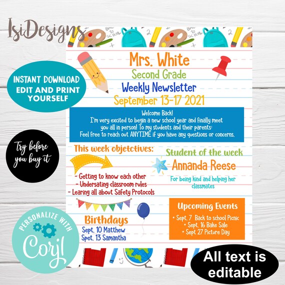 Editable Weekly Newsletter, Classroom events template, INSTANT DOWLOAD ...