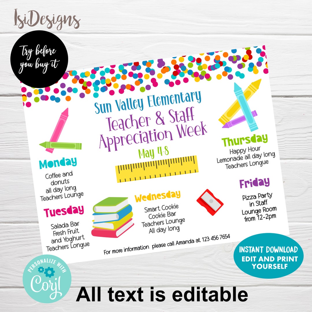Teacher & Staff Appreciation Editable Flyer, Instant Download ...