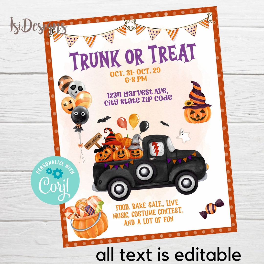 Trunk or Treat Editable Flyer, Halloween PTO/PTA Community Event Flyer ...