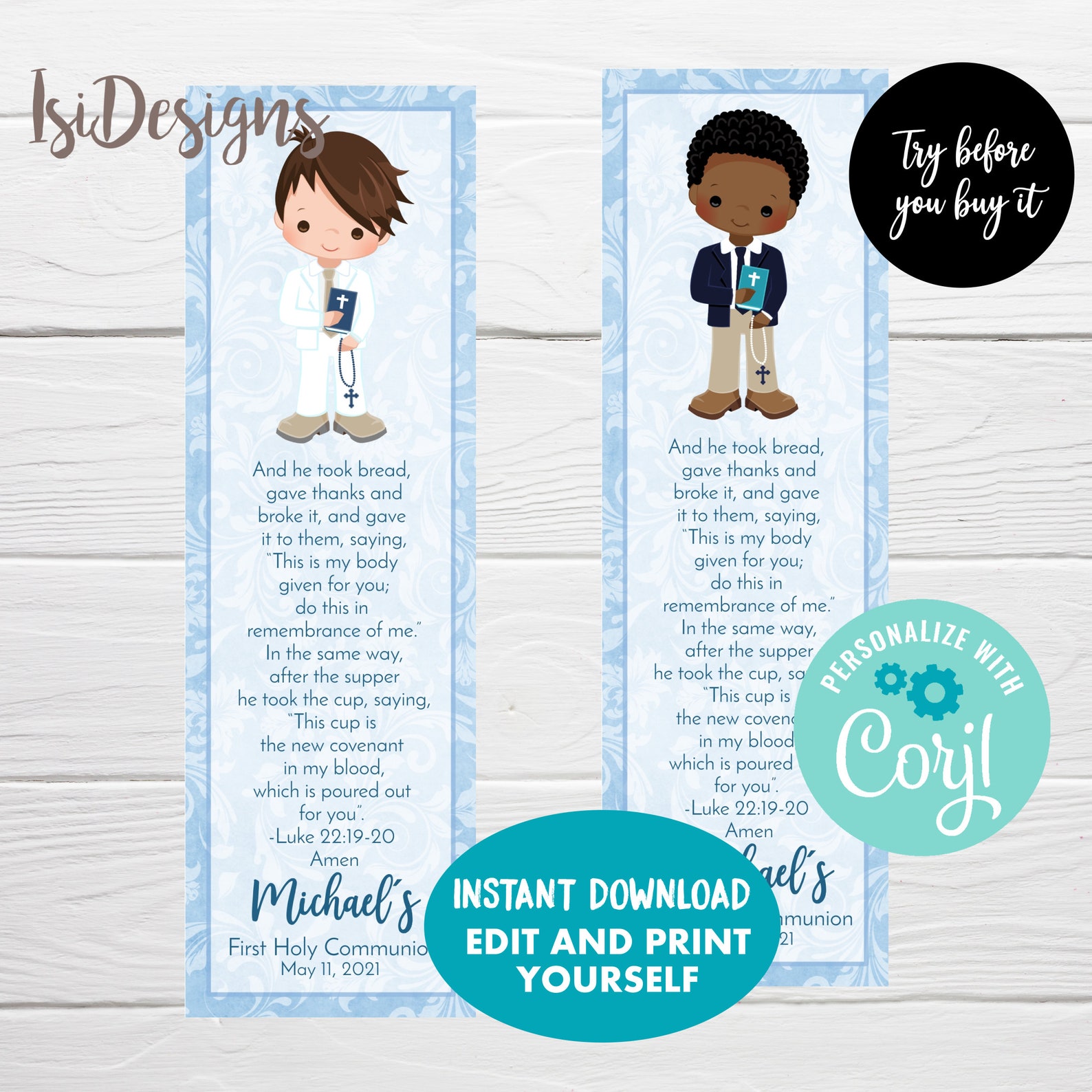 Blue First Holy Communion Bookmark Favors Editable Communion - Etsy