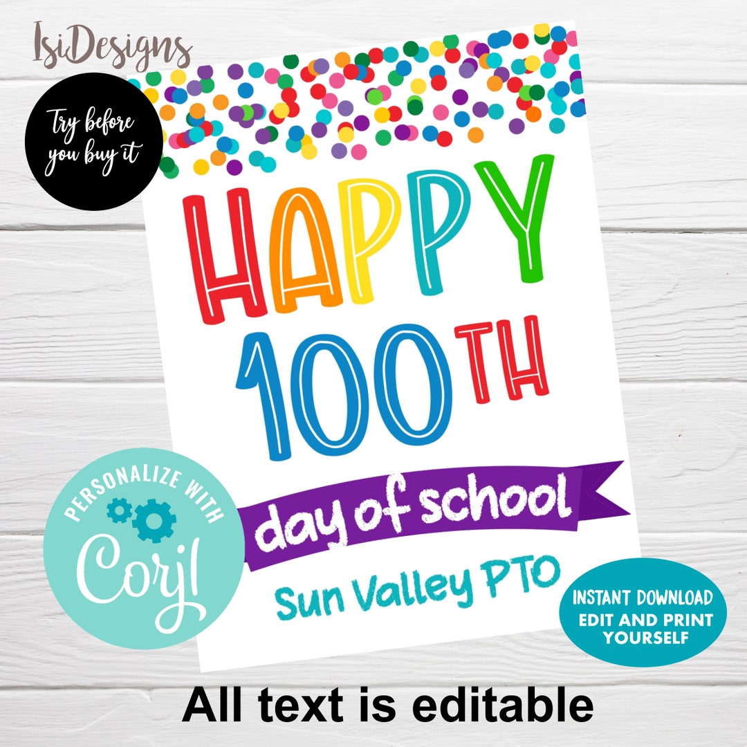 Editable Happy 100th Day of School Gift Tags, PTO/PTA Favor Tags ...