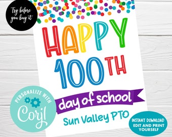 Happy 100th Day of School Gift Tags, School Pto Pta, Printable Party ...