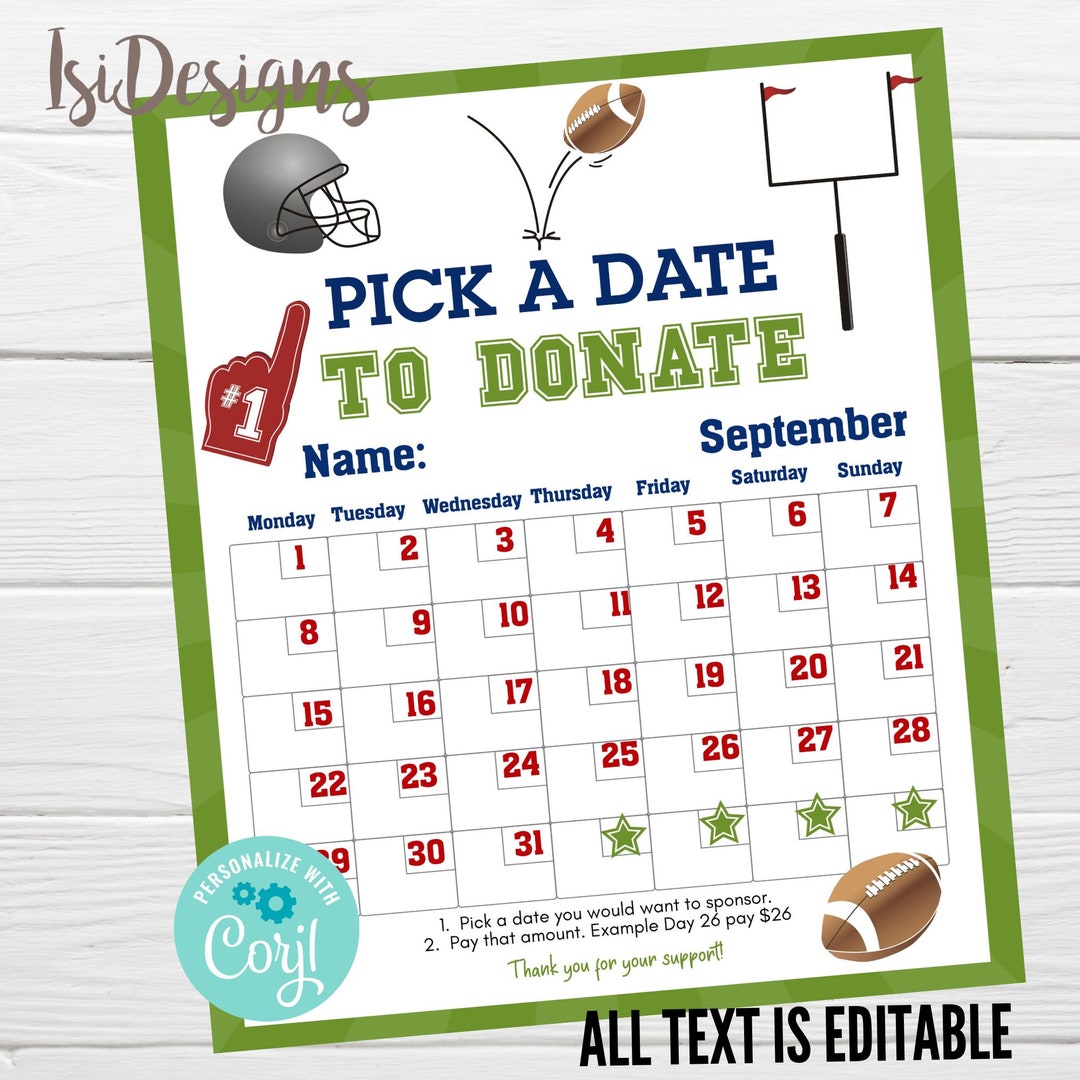 Football Pick a Date to Donate Flyer, Football Fundraiser Calendar ...