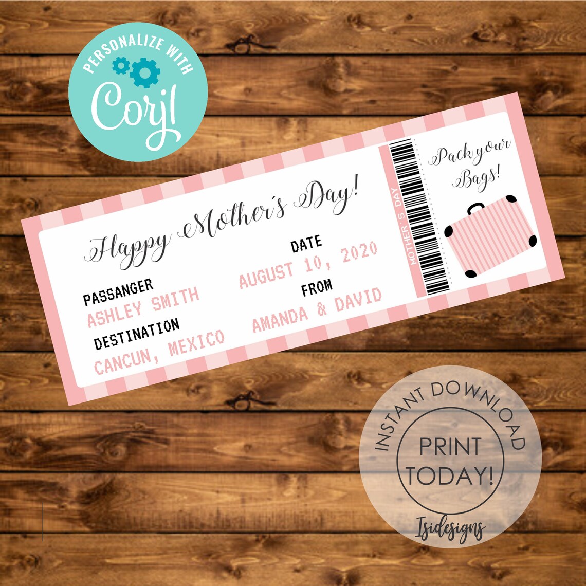 Mothers Day Boarding Pass Editable Gift Ticket Surprise | Etsy