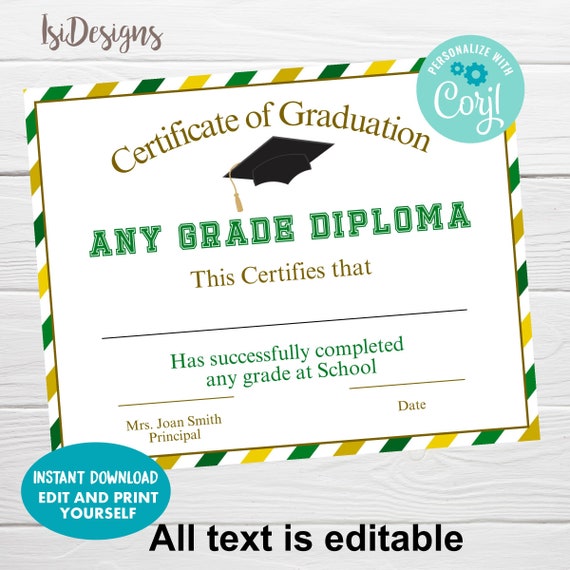 Green and Gold School Diploma, Editable Graduation Certificate of ...