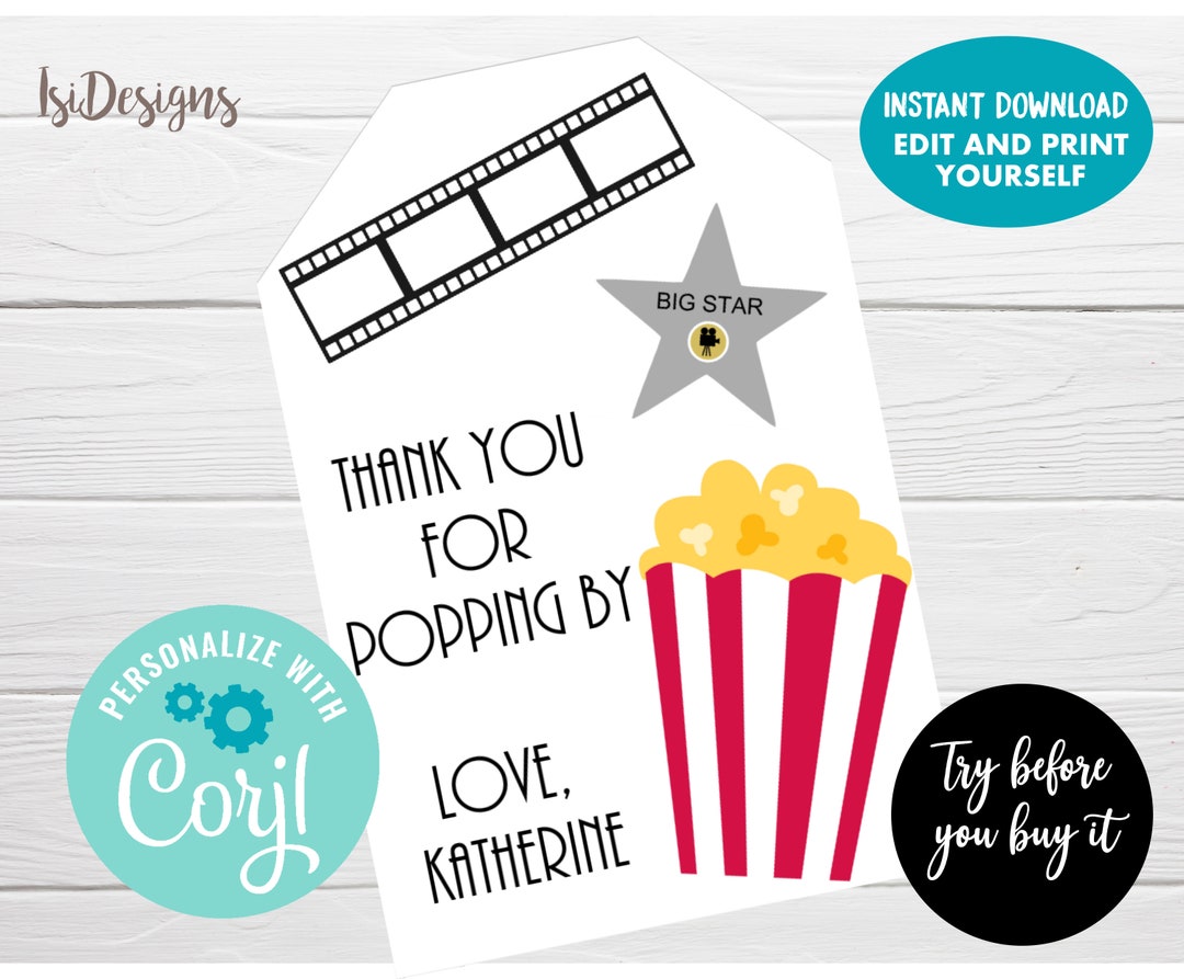 Movie Night Birthday Favor Tags, Instant Download, Editable Popcorn ...