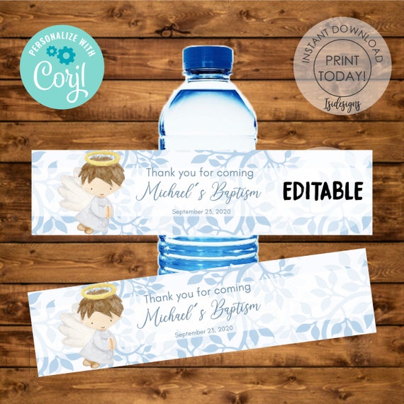 Editable blue angel baptism water bottle label, Boy Baptism favor ...