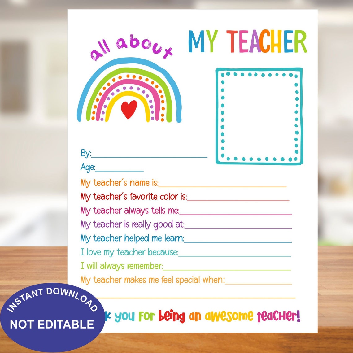 All About My Teacher Rainbow Fill in the Blanks Letter, Instant ...