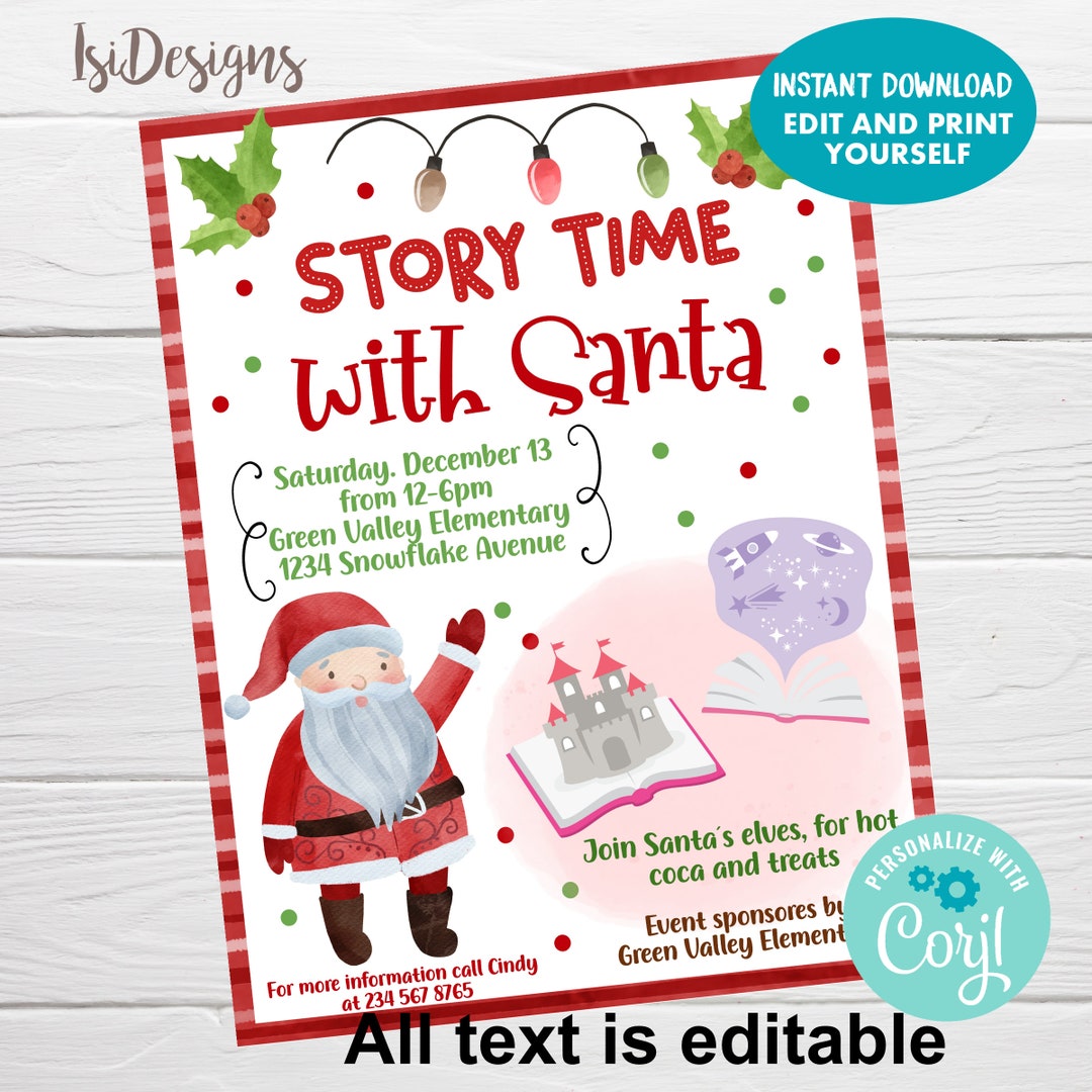 Story Time With Santa Editable Flyer, Holiday Book Book Drive ...