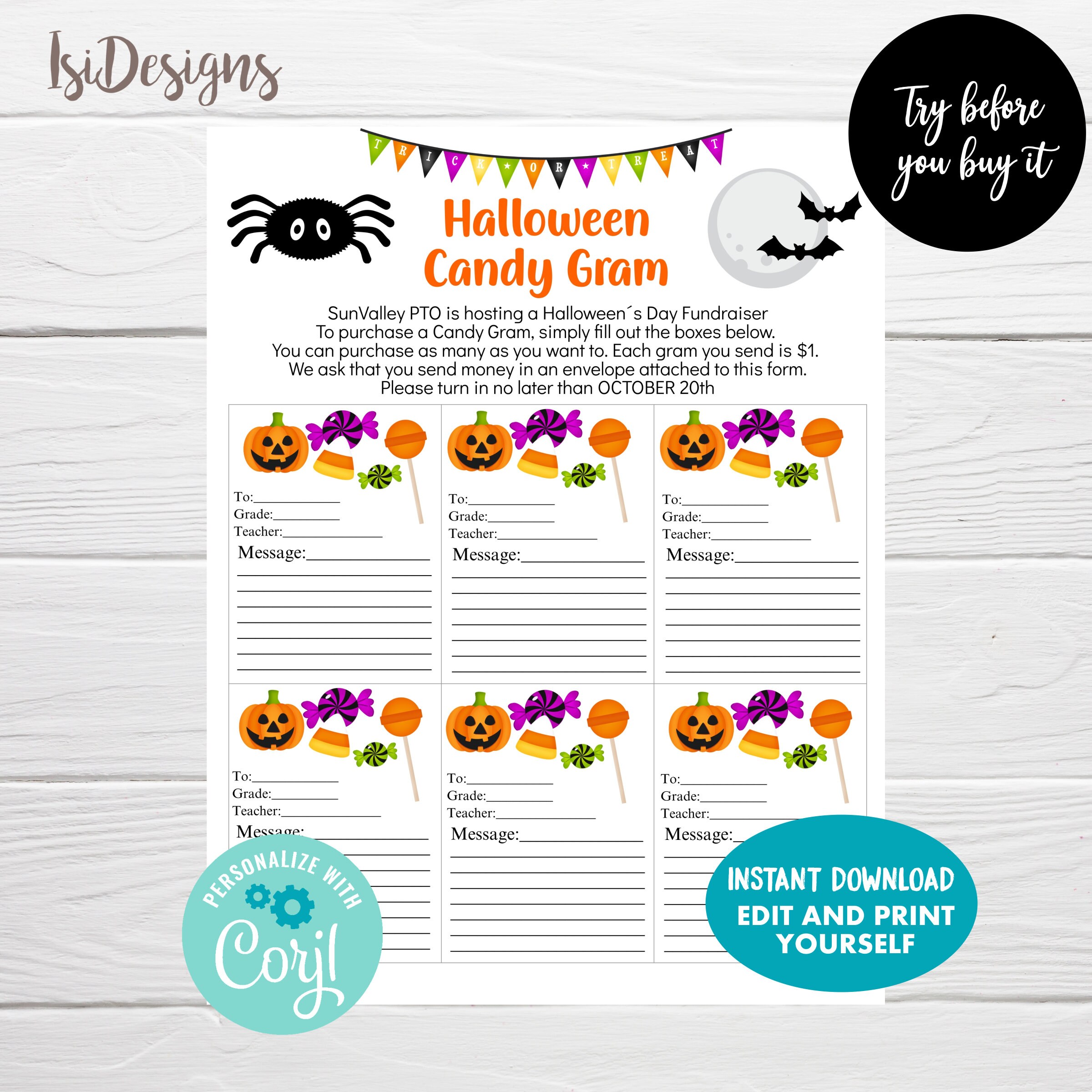Editable Halloween Candy Gram Flyer PTO / PTA School | Etsy