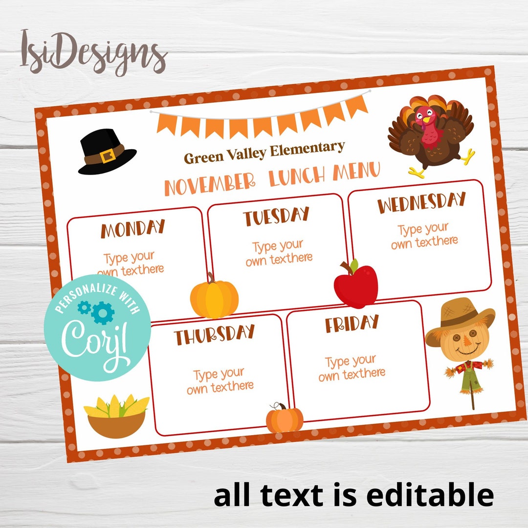 November Weekly School Lunch Meal Planner, Editable Lunch Menu for Kids ...