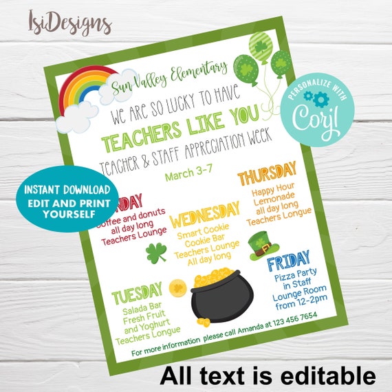 St. Patrick's Day Teacher Appreciation Week Itinerary, Editable Lucky ...