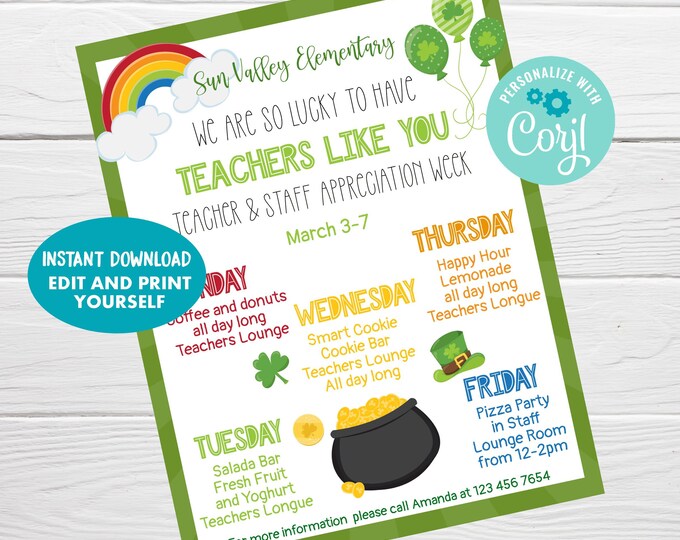EDITABLE St. Patricks Day Teacher Appreciation Week Itinerary Poster ...