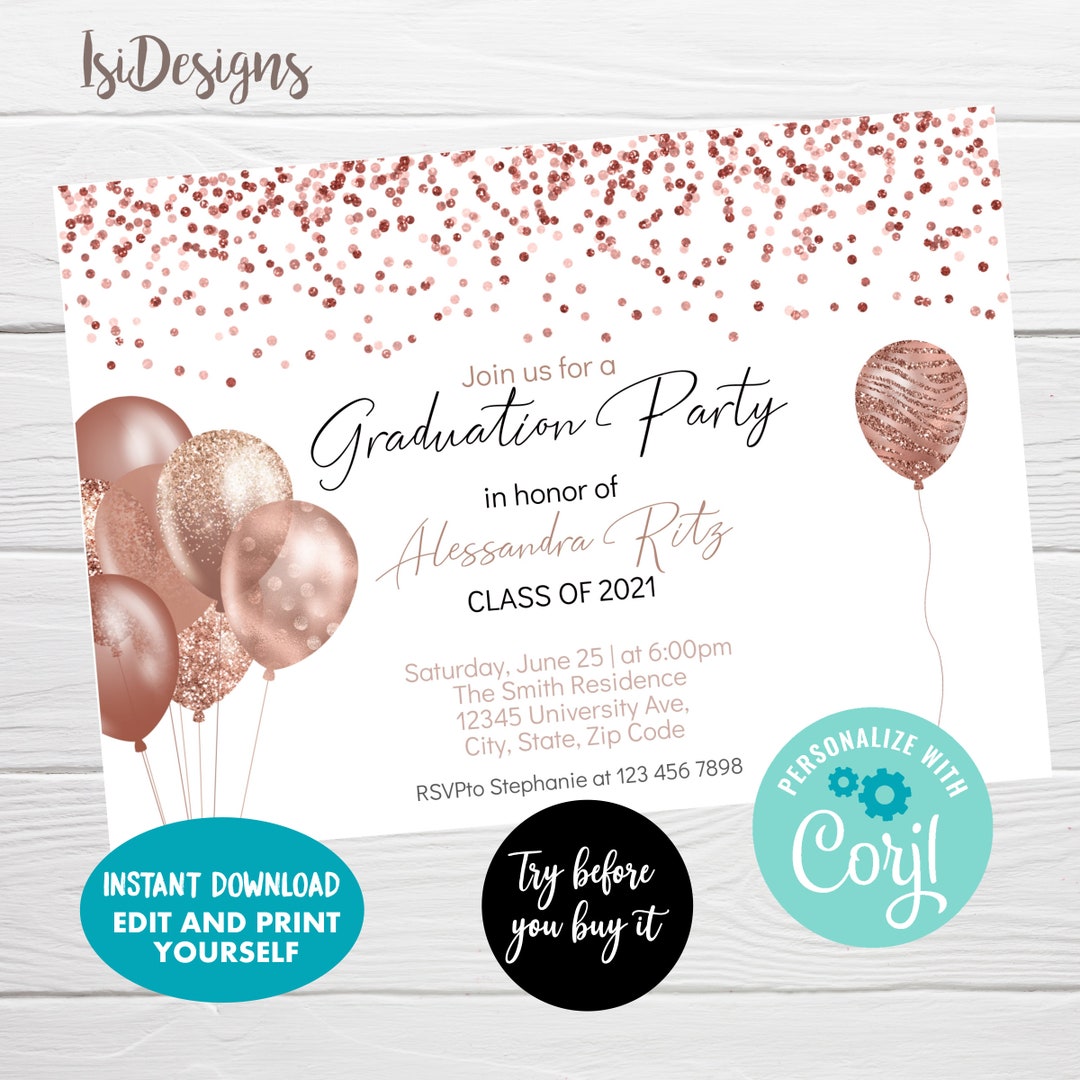 Rose Gold Graduation Party Editable Invitation, Instant Download ...