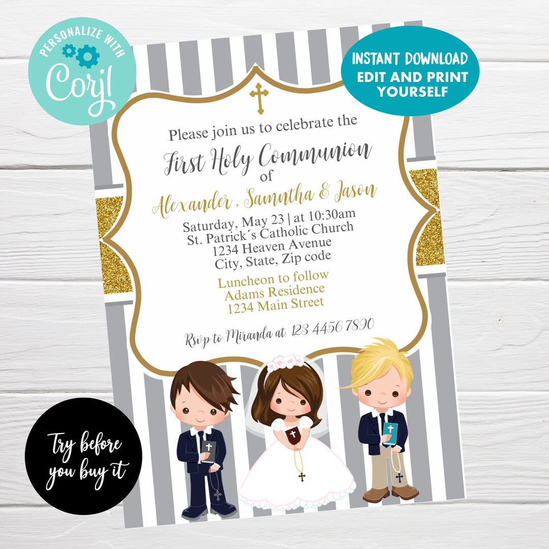 First Communion Invitation, Editable Gray and Gold Kids Communion ...