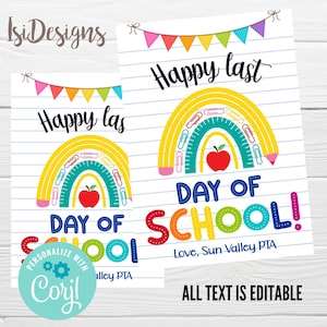 Happy Last Day of School Editable Gift Tag, Rainbow End of School Tags ...