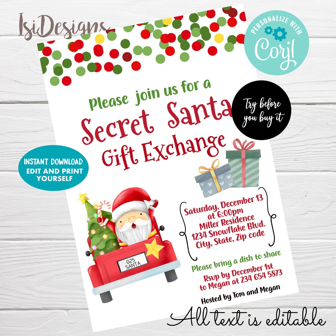 Editable Gift Exchange Secret Santa Invitation, Instant Download ...