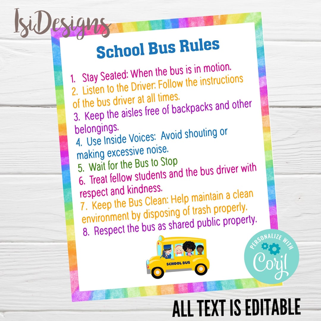 Editable School Bus Rules, Personalized Safety Rules, Back to School ...